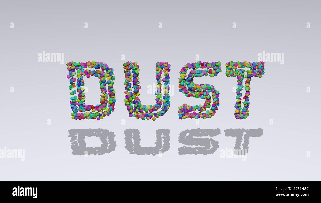 dust: 3D illustration of the text made of small objects over a white ...