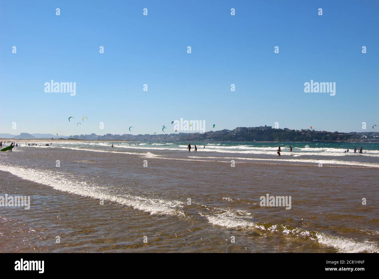 Landscape view of the beach in Somo with the Magdalena Palace and kite ...