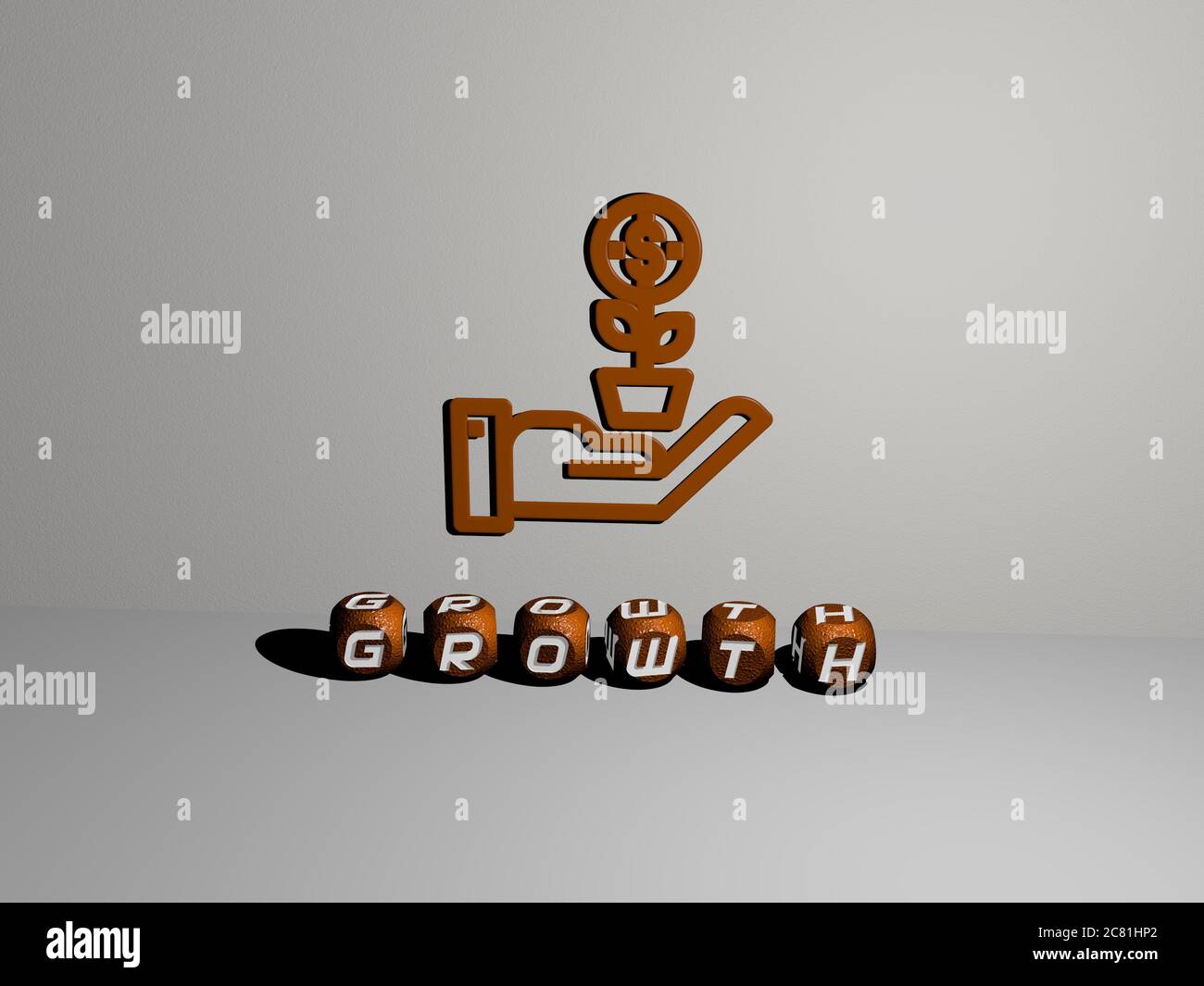 3D representation of growth with icon on the wall and text arranged by ...