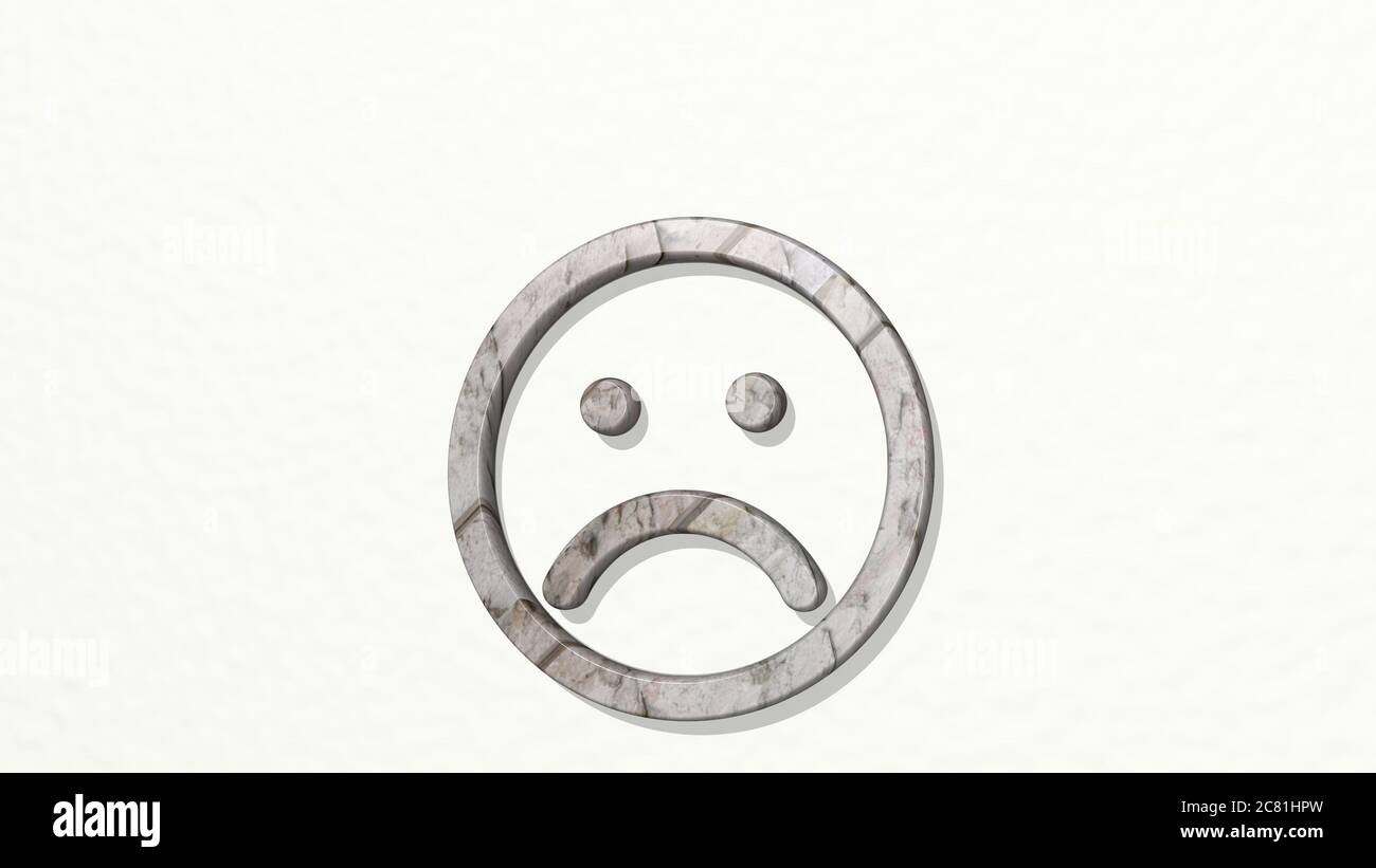SMILEY SAD made by 3D illustration of a shiny metallic sculpture on a ...