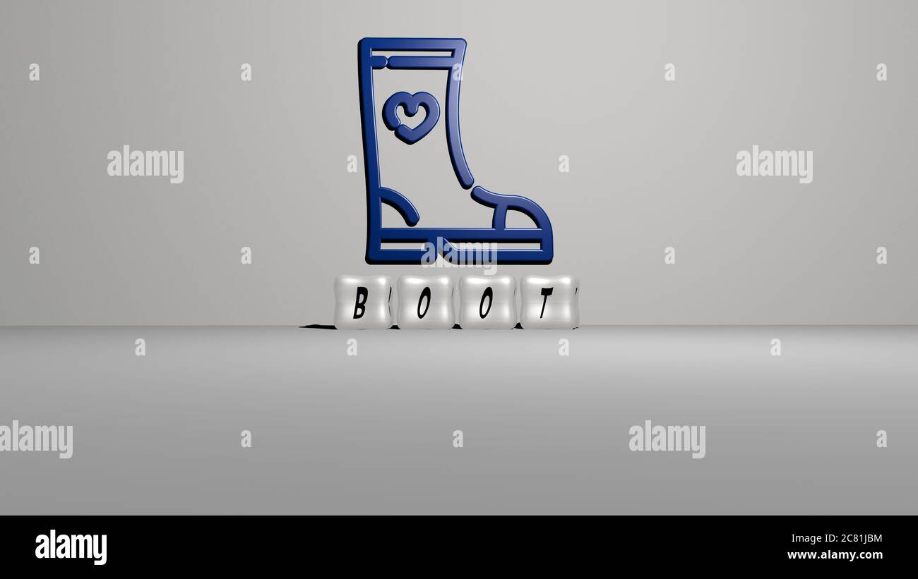 3D graphical image of boot vertically along with text built by metallic ...