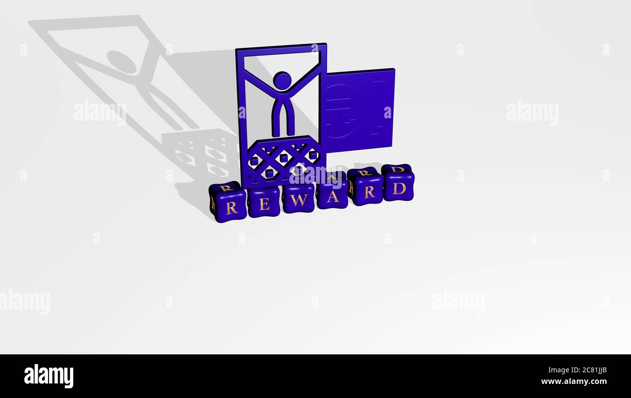 3D illustration of REWARD graphics and text made by metallic dice ...