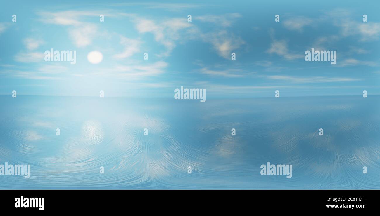 8K: blue sky, clouds, a bright sun reflecting in calm water (360 degree ...