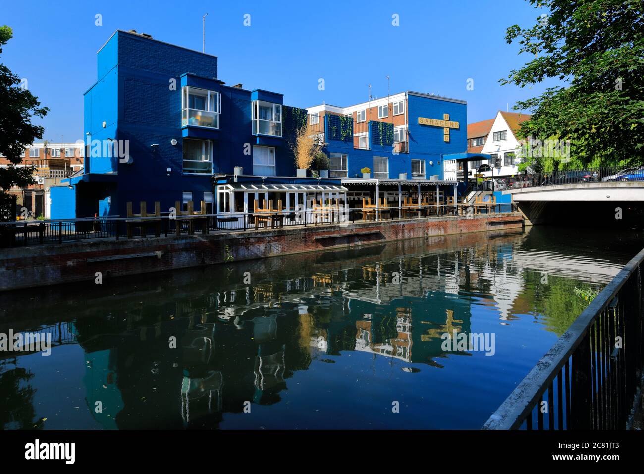 Summer view of the River Lea, Ware town, Hertfordshire County, England ...
