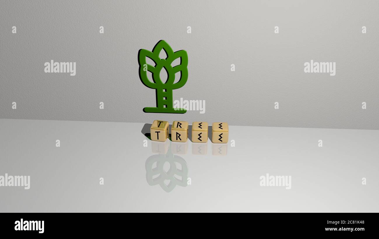 3D illustration of TREE graphics and text made by metallic dice letters ...