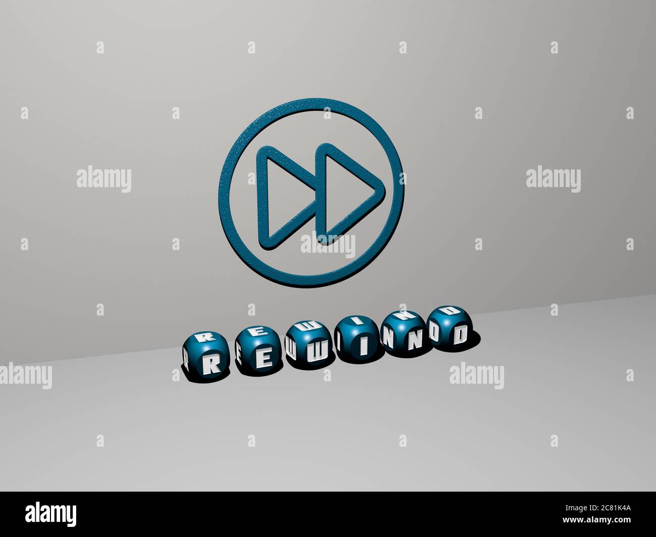 3D representation of rewind with icon on the wall and text arranged by ...