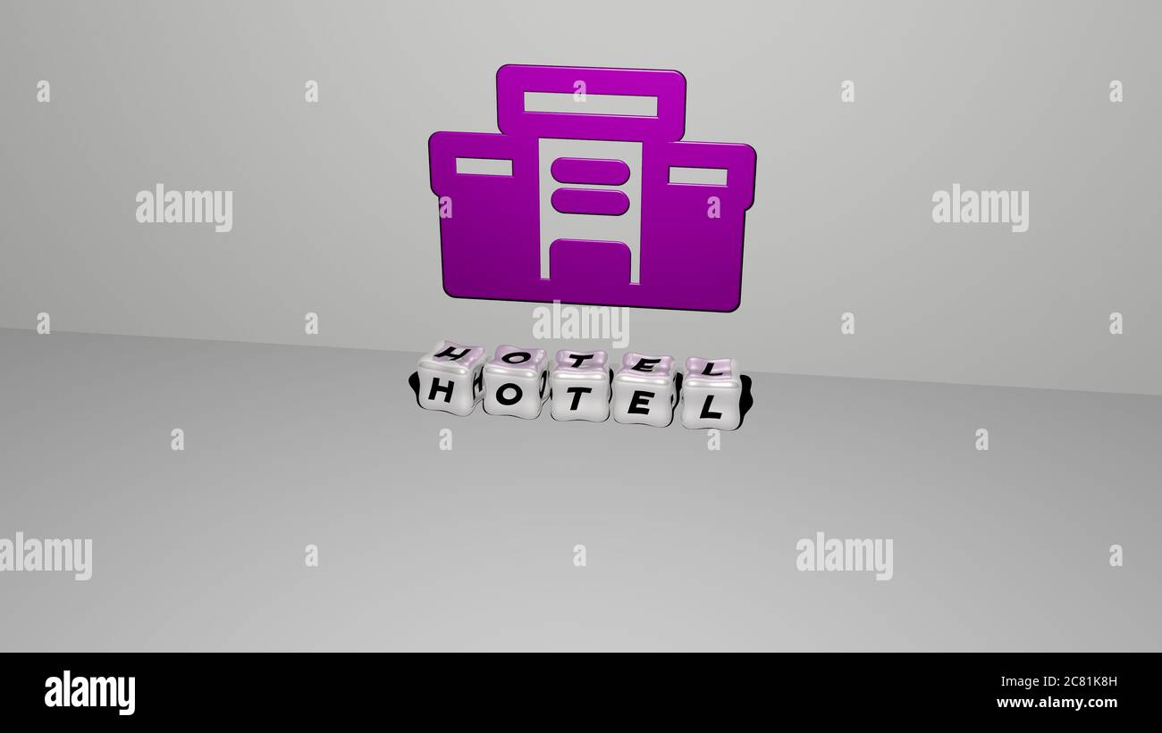 3D representation of HOTEL with icon on the wall and text arranged by ...