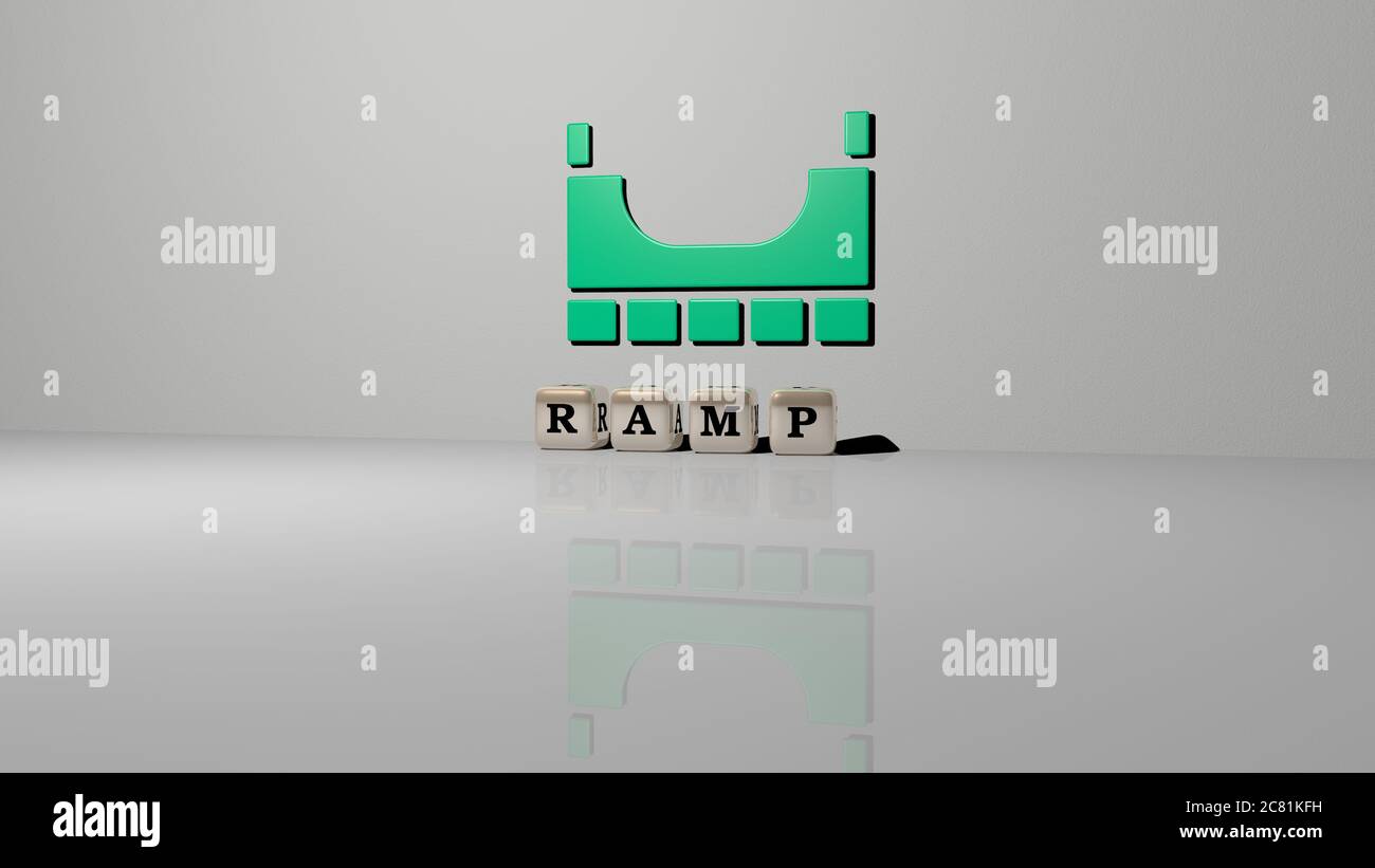 3D illustration of ramp graphics and text made by metallic dice letters ...