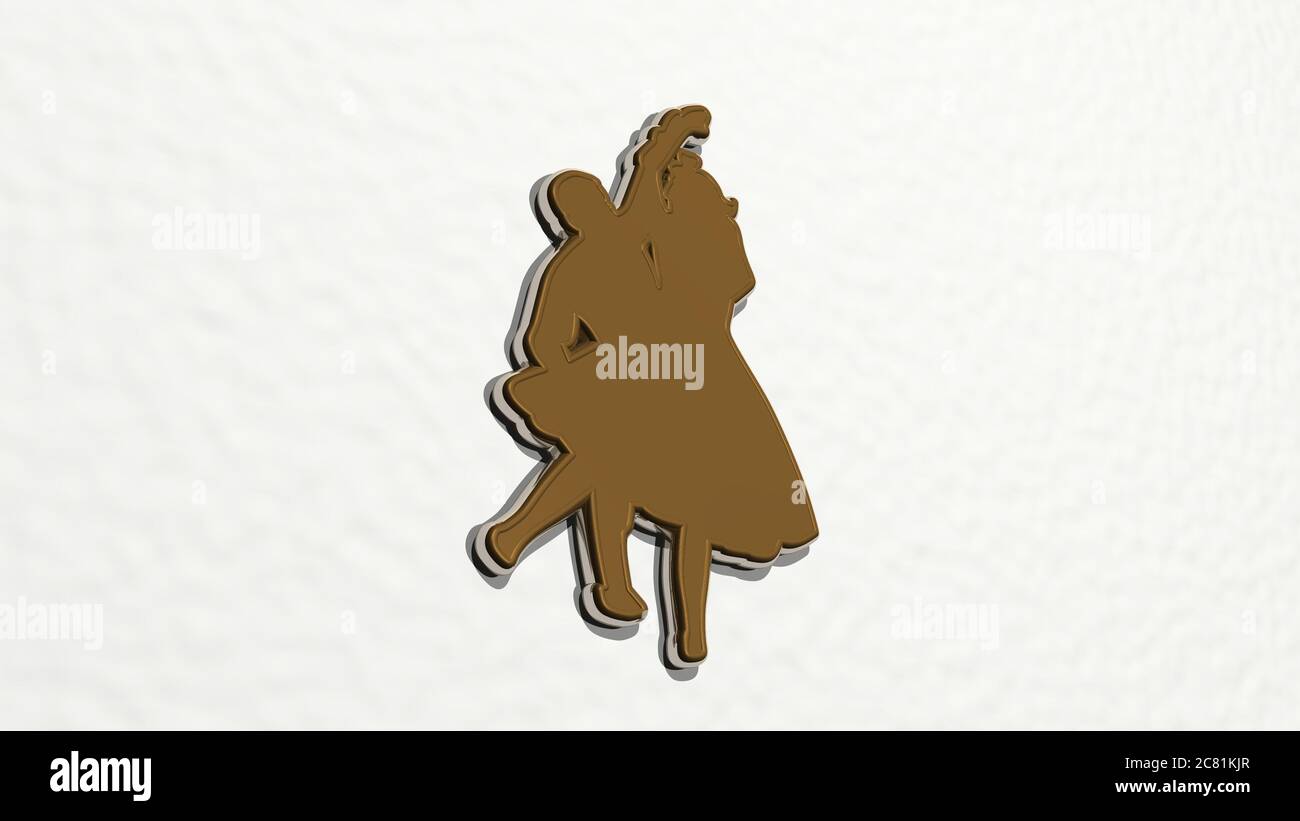 DANCERS on the wall. 3D illustration of metallic sculpture over a white ...