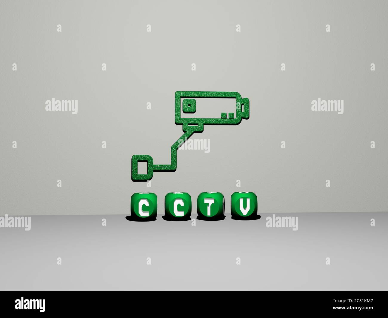3D graphical image of cctv vertically along with text built by metallic ...