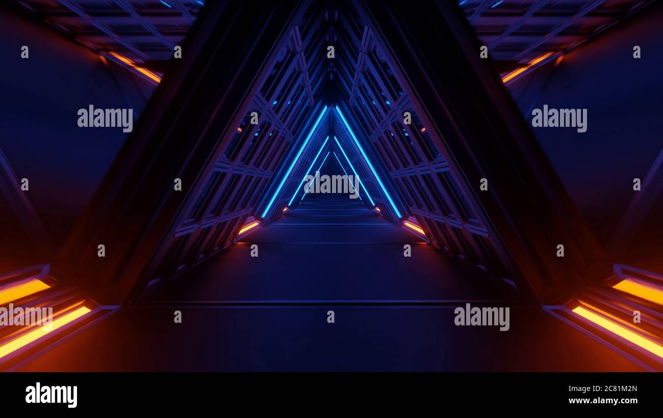 3D rendering of a cool trippy futuristic hallway in a triangular form ...