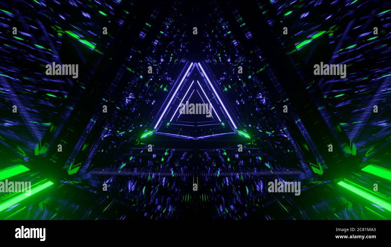 3D rendering of a cool trippy futuristic hallway in a triangular form ...