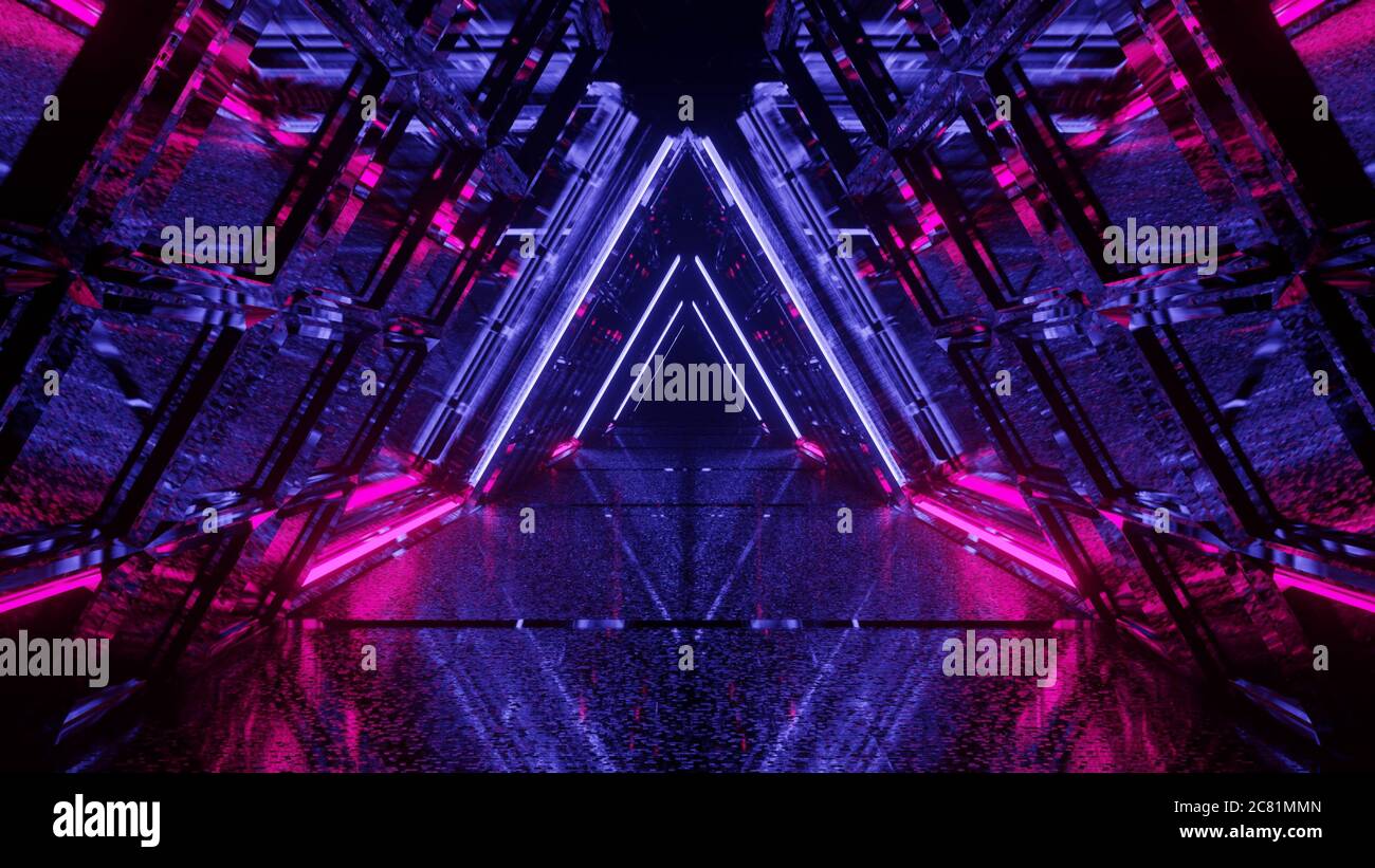 3D rendering of a cool trippy futuristic hallway in a triangular form ...