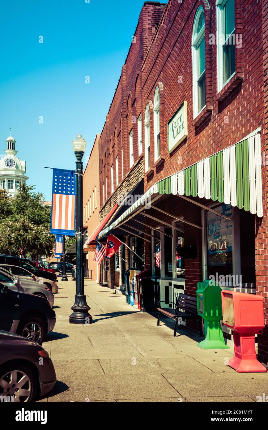 A view up with sidewalk of The City Cafe located around the historic ...