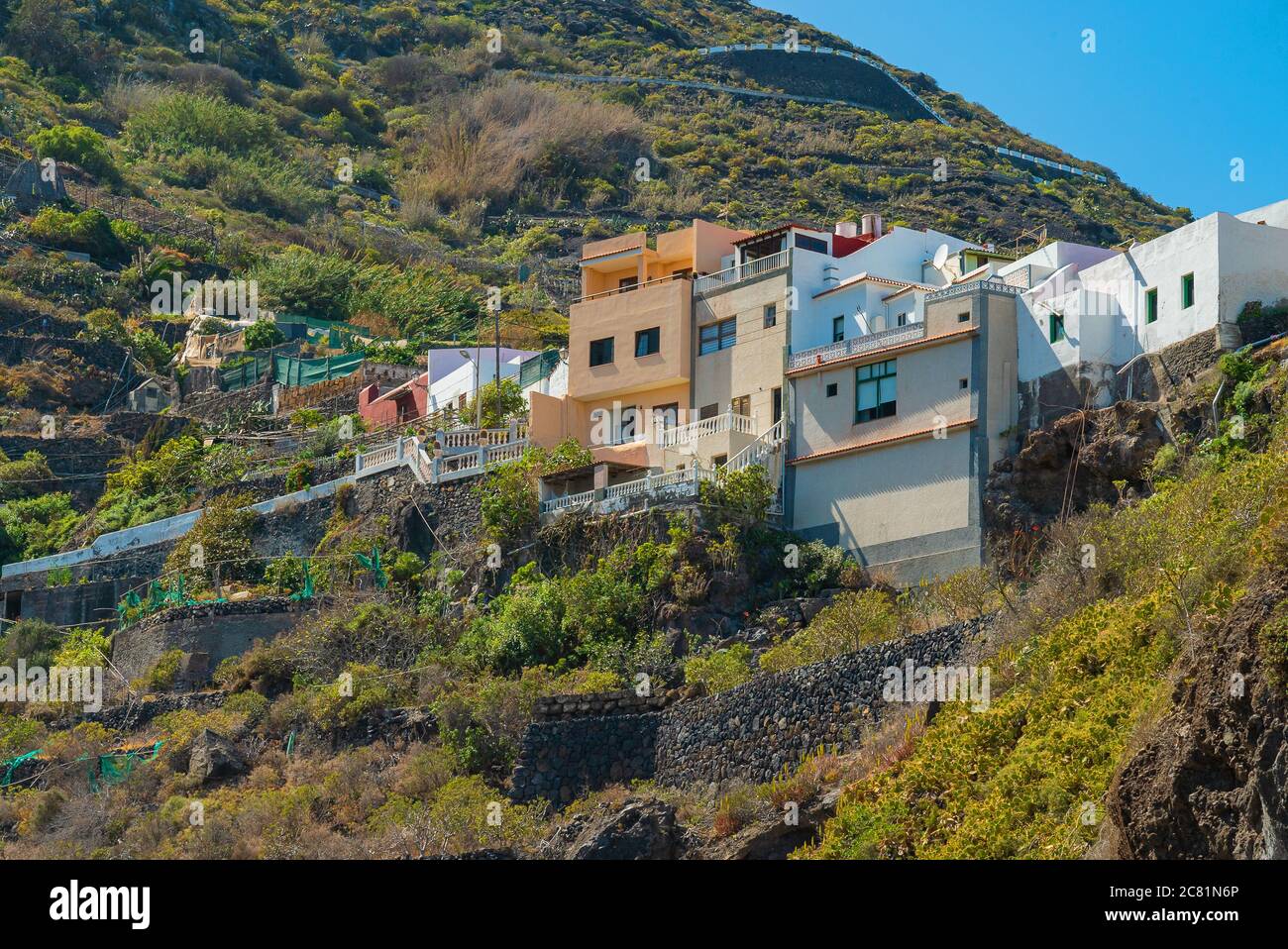 View on mountain and colorful buildings on the top in Garachico ...
