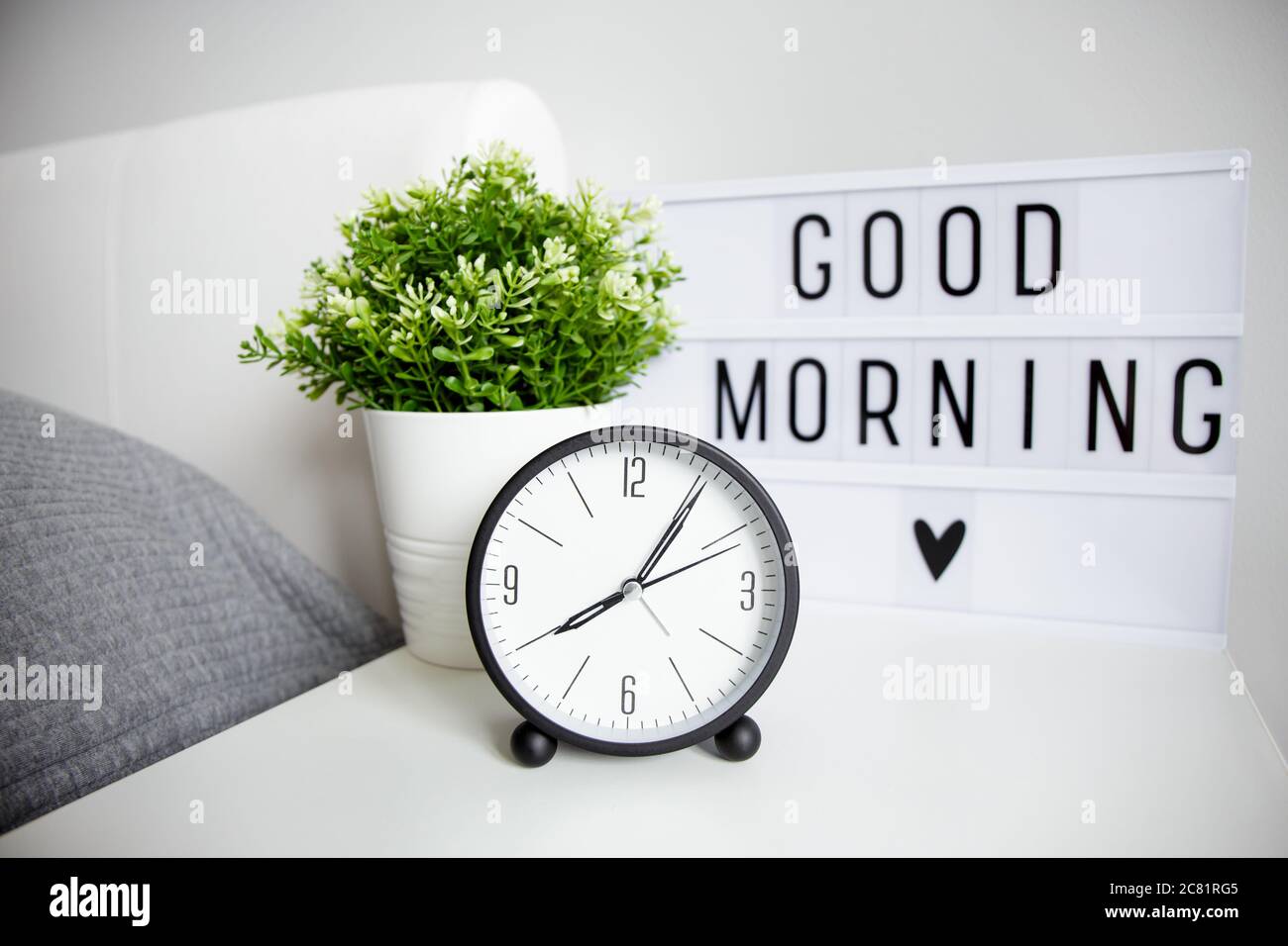 good morning concept - close up of alarm clock, houseplant and lightbox ...