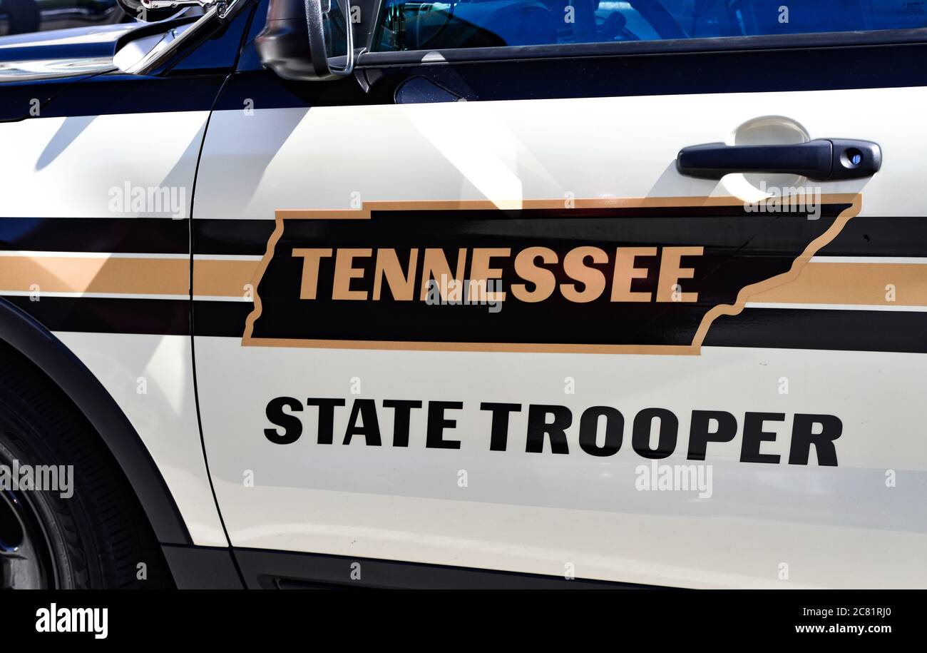 Close up of the driver door of a Tennessee State Trooper patrol car ...