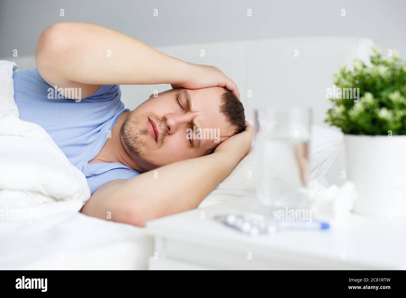 health care and illness concept - portrait of sick man with fever or ...