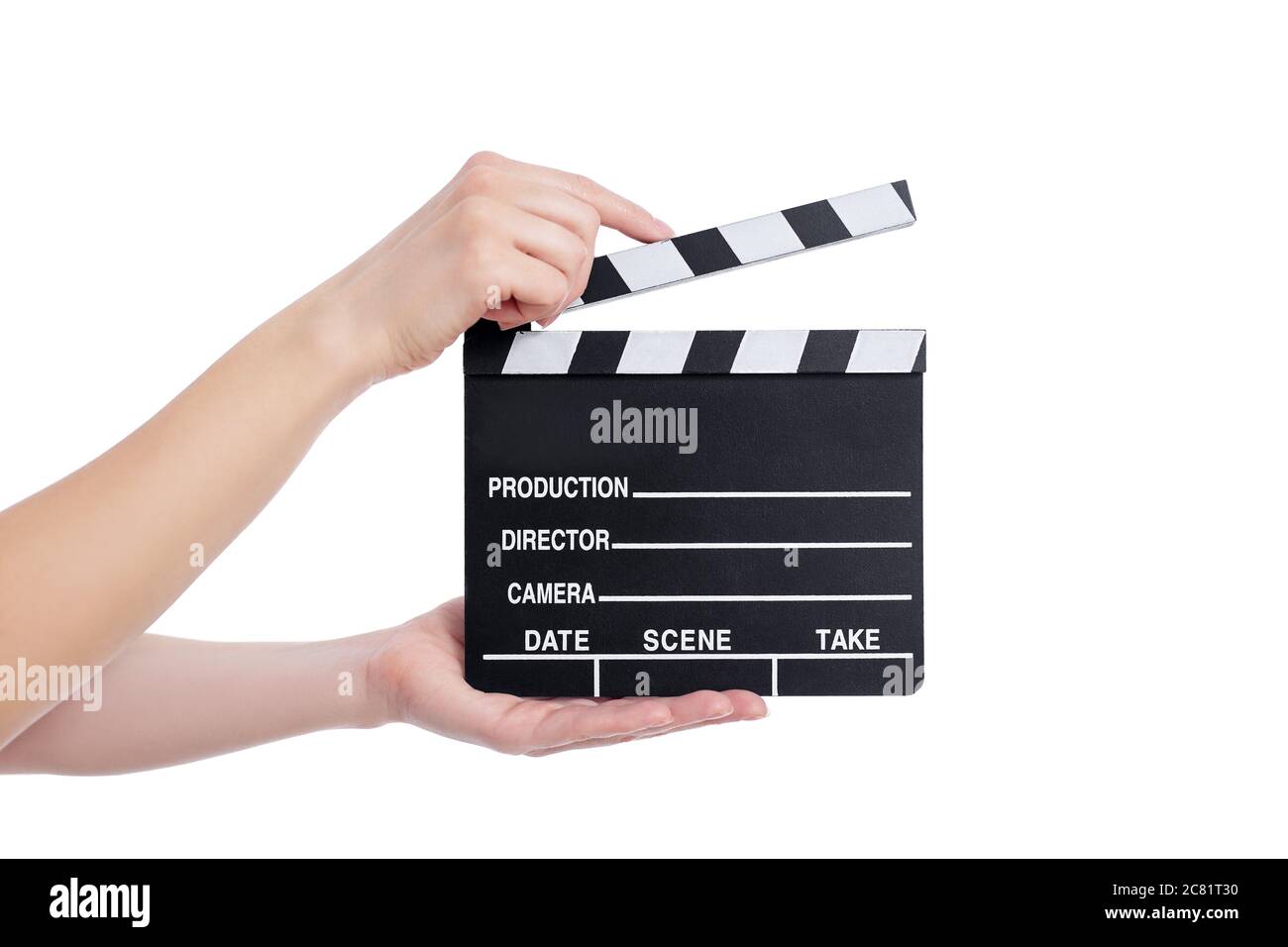 video production concept - female hands holding clapper board isolated ...