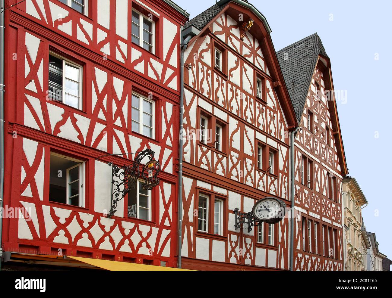 half-timbered buildings, 17th century, decorative designs, three ...