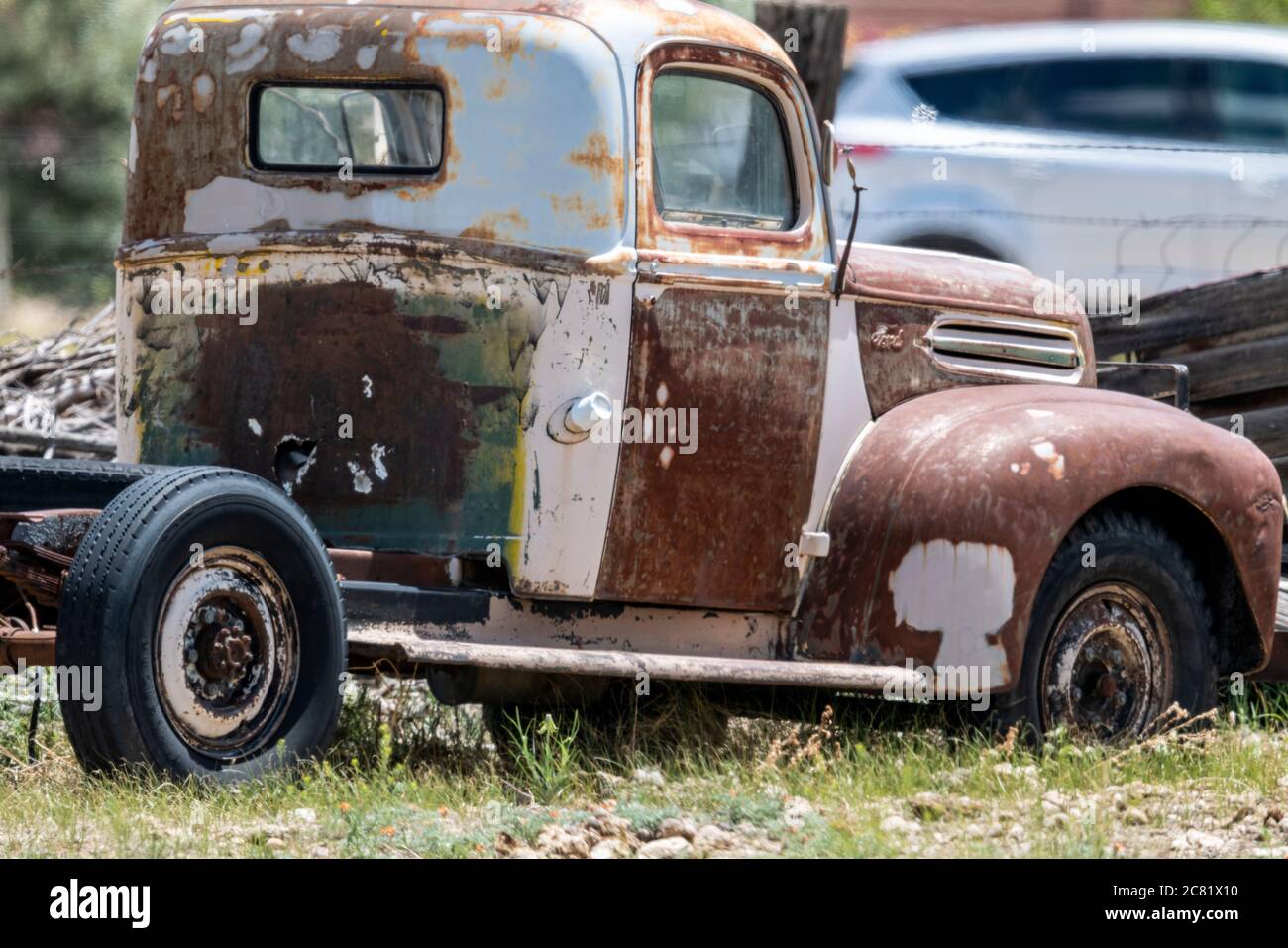 Antique Ford pick-up truck in ranch field; Salida; Colorado; USA Stock ...