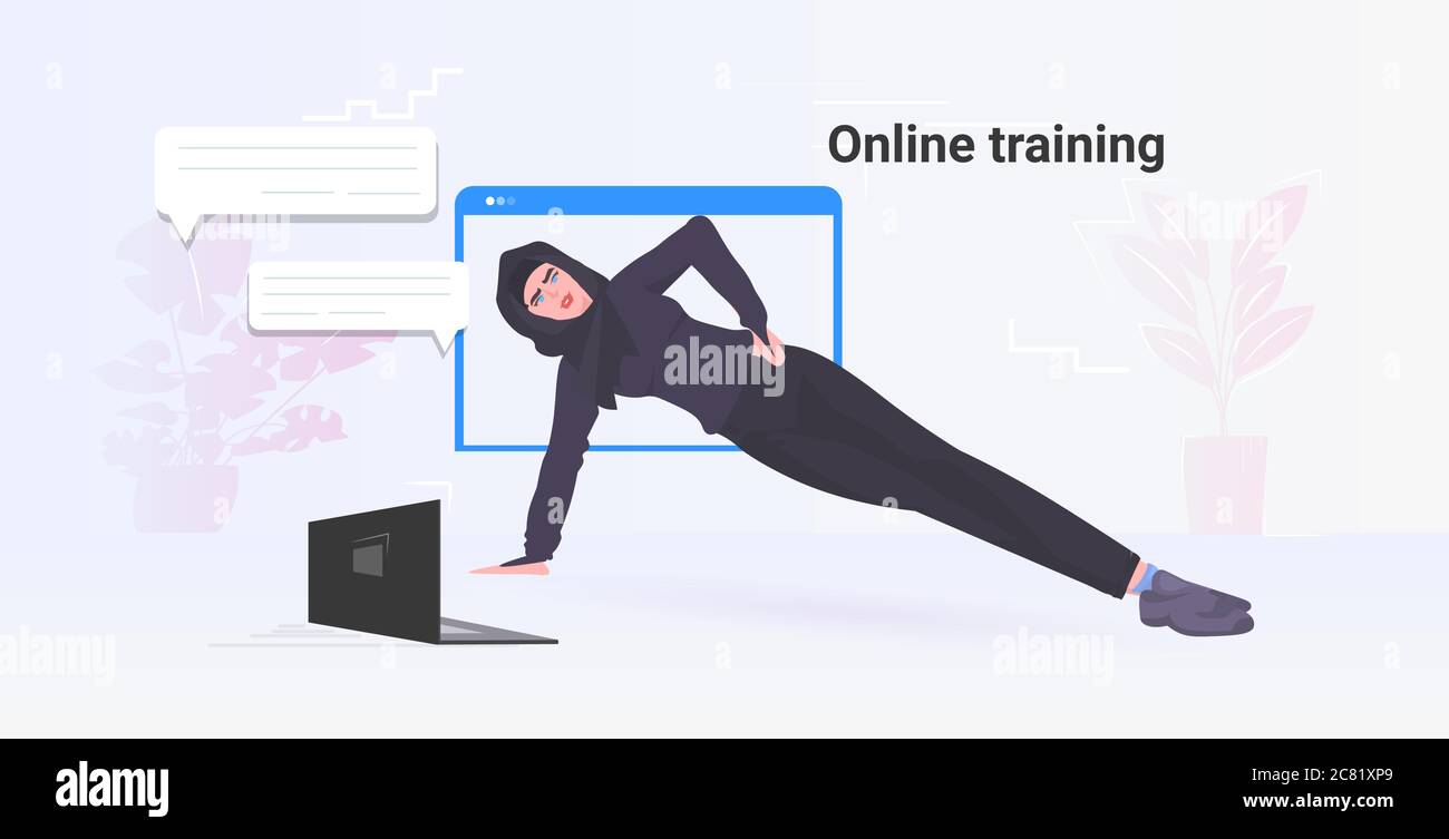 young woman doing yoga fitness exercises online training healthy ...