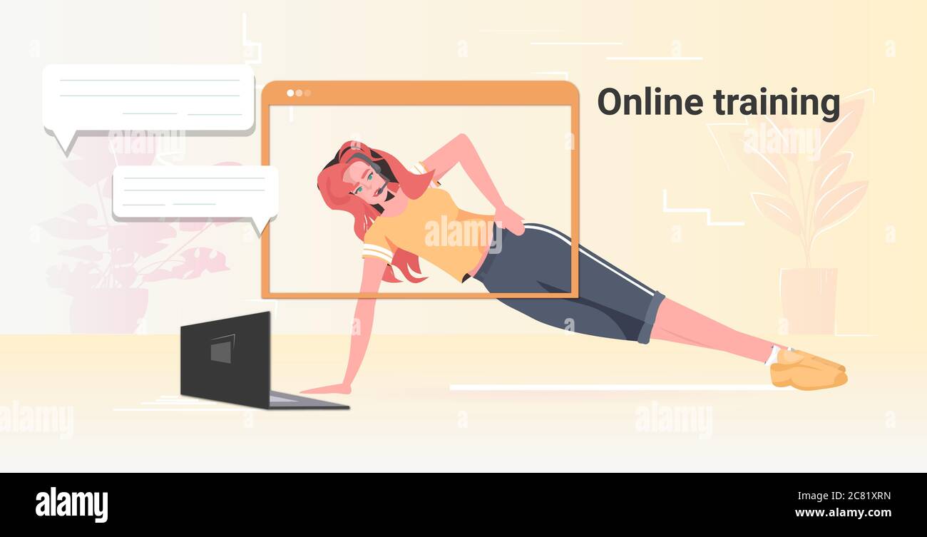 young woman doing yoga fitness exercises online training healthy ...