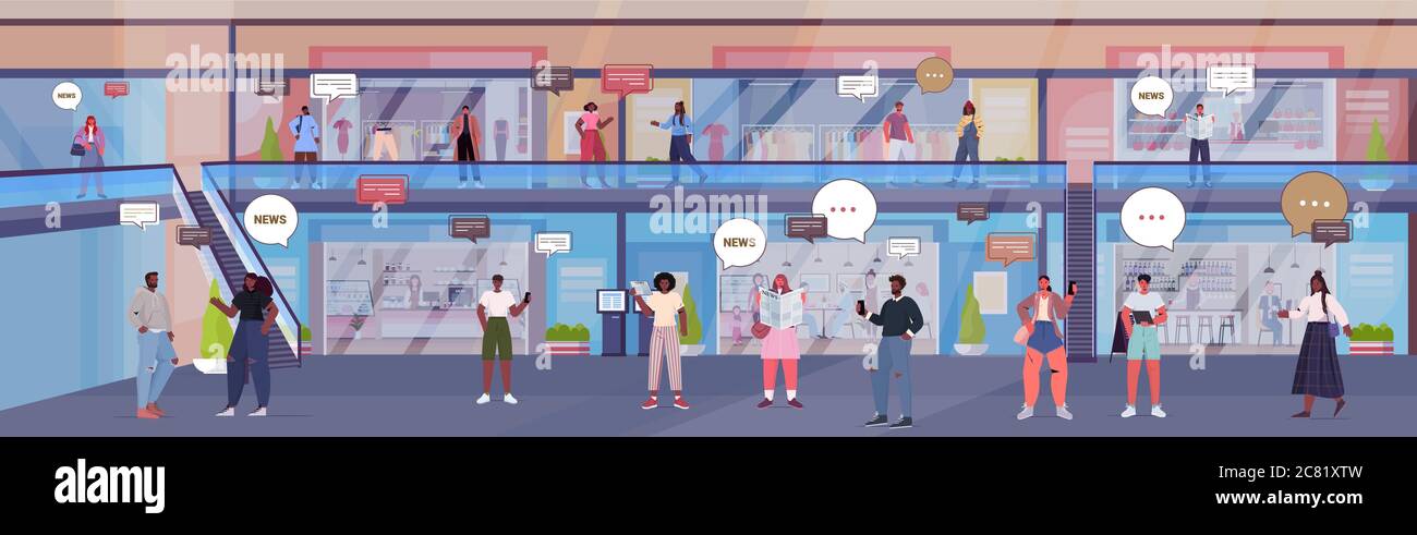 people discussing daily news during meeting in shopping mall chat ...