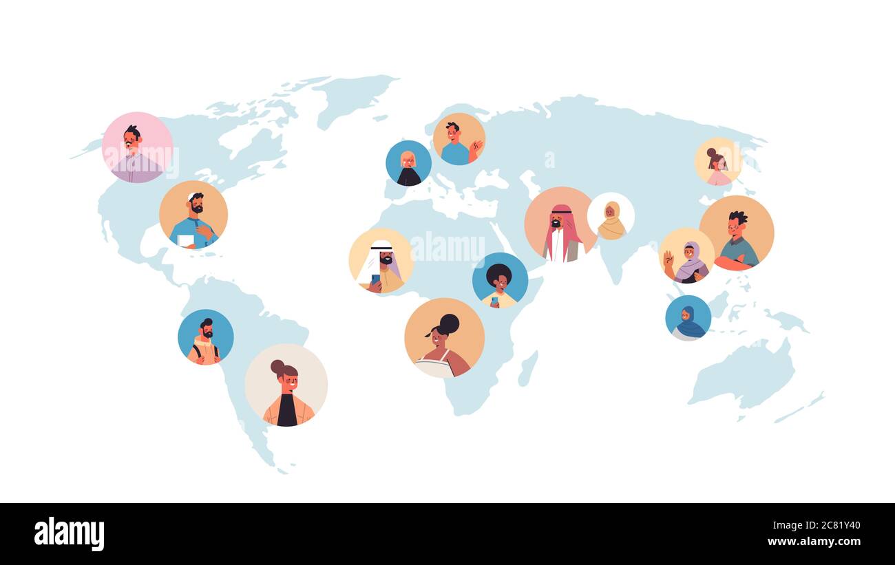 mix race people avatars on world map global communication concept male ...