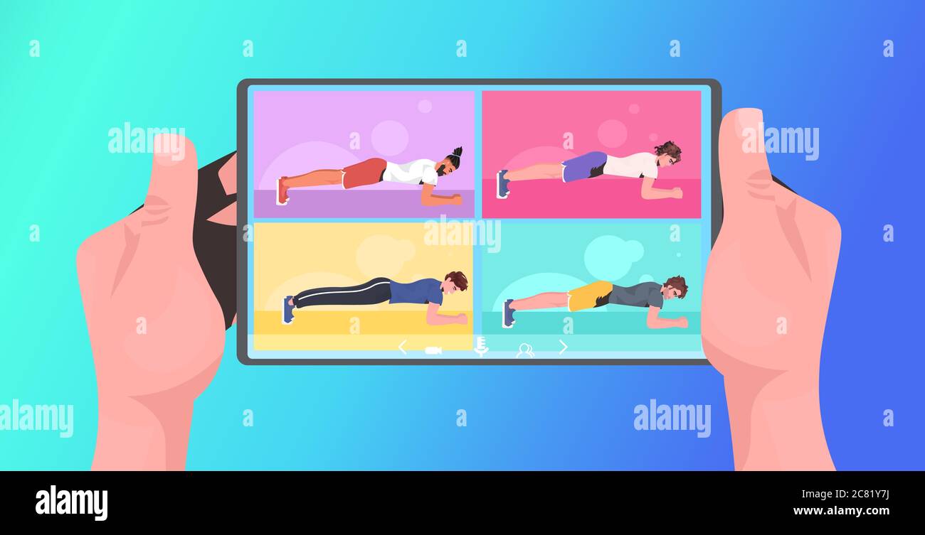 men doing yoga fitness exercises on tablet screen online training ...