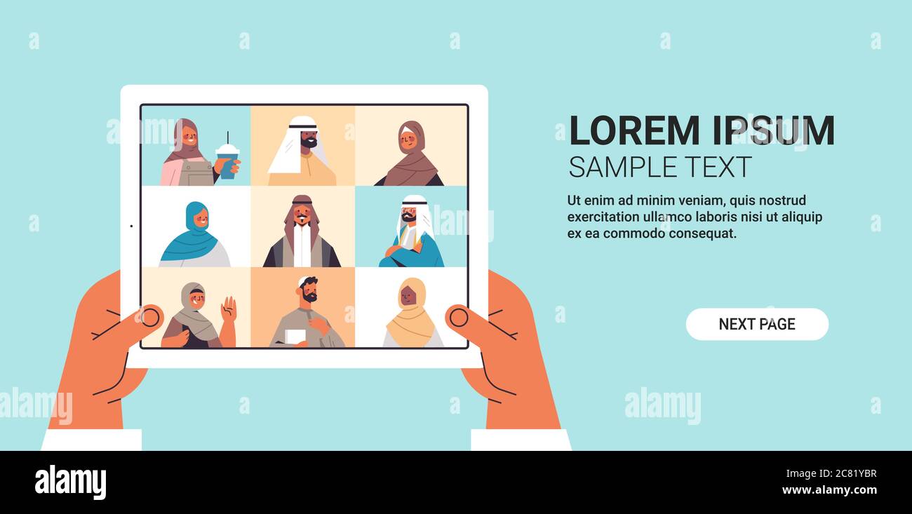 human hands using tablet pc chatting with arabic friends during video ...