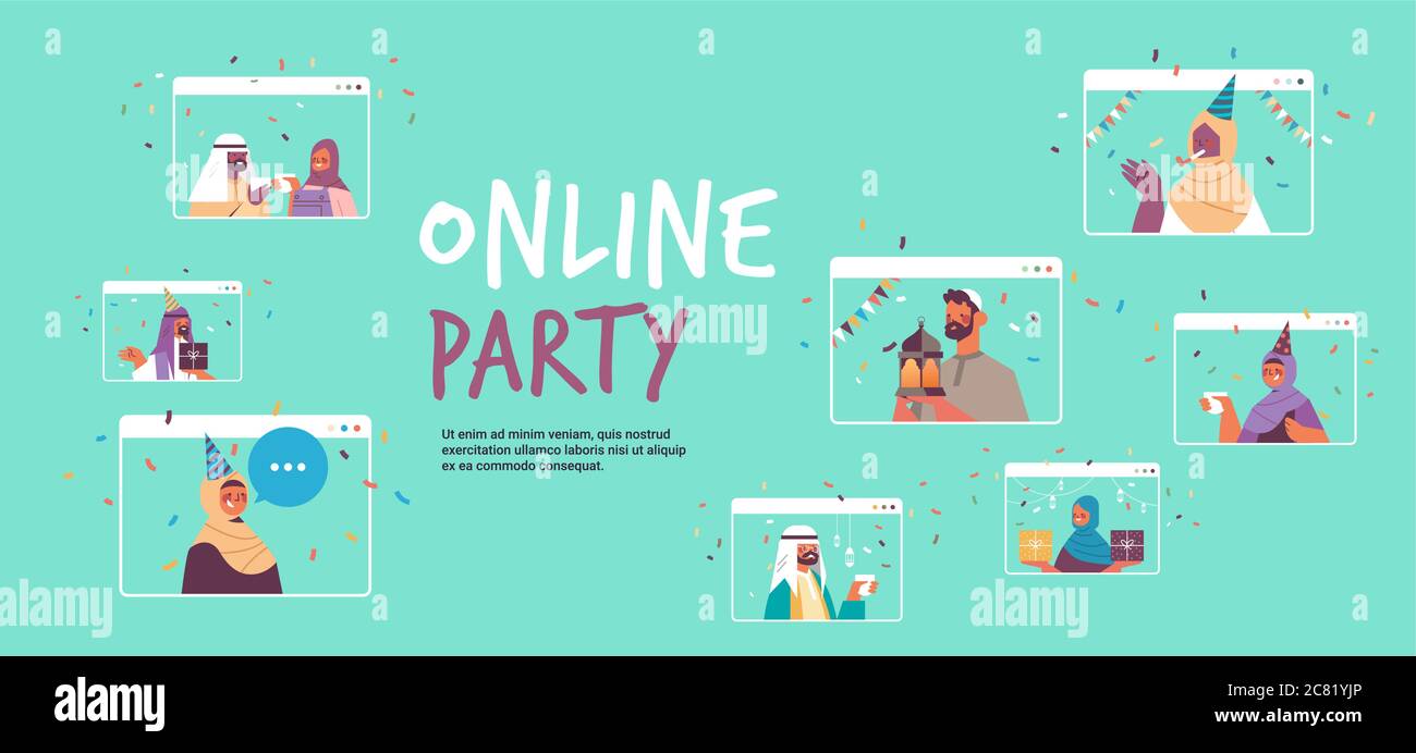 arab people in festive hats celebrating online birthday party arabic ...