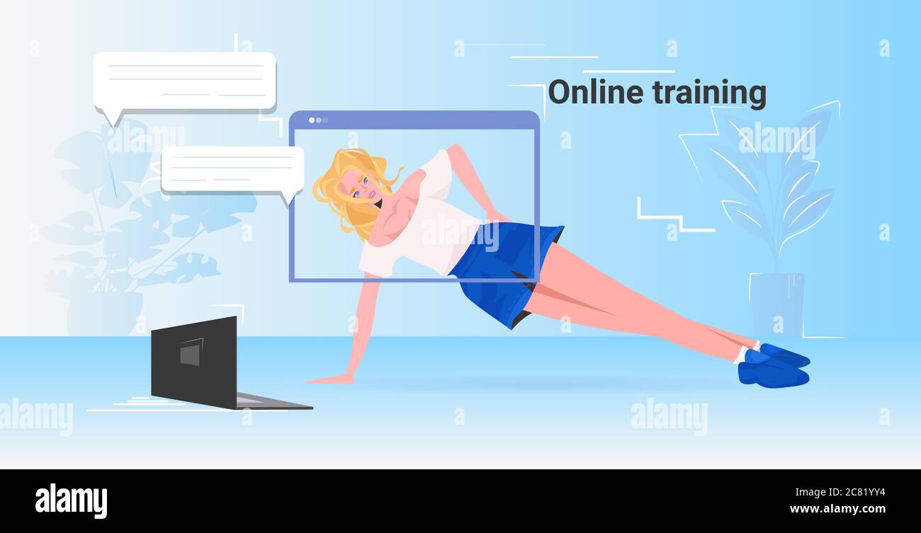 young woman doing yoga fitness exercises online training healthy ...