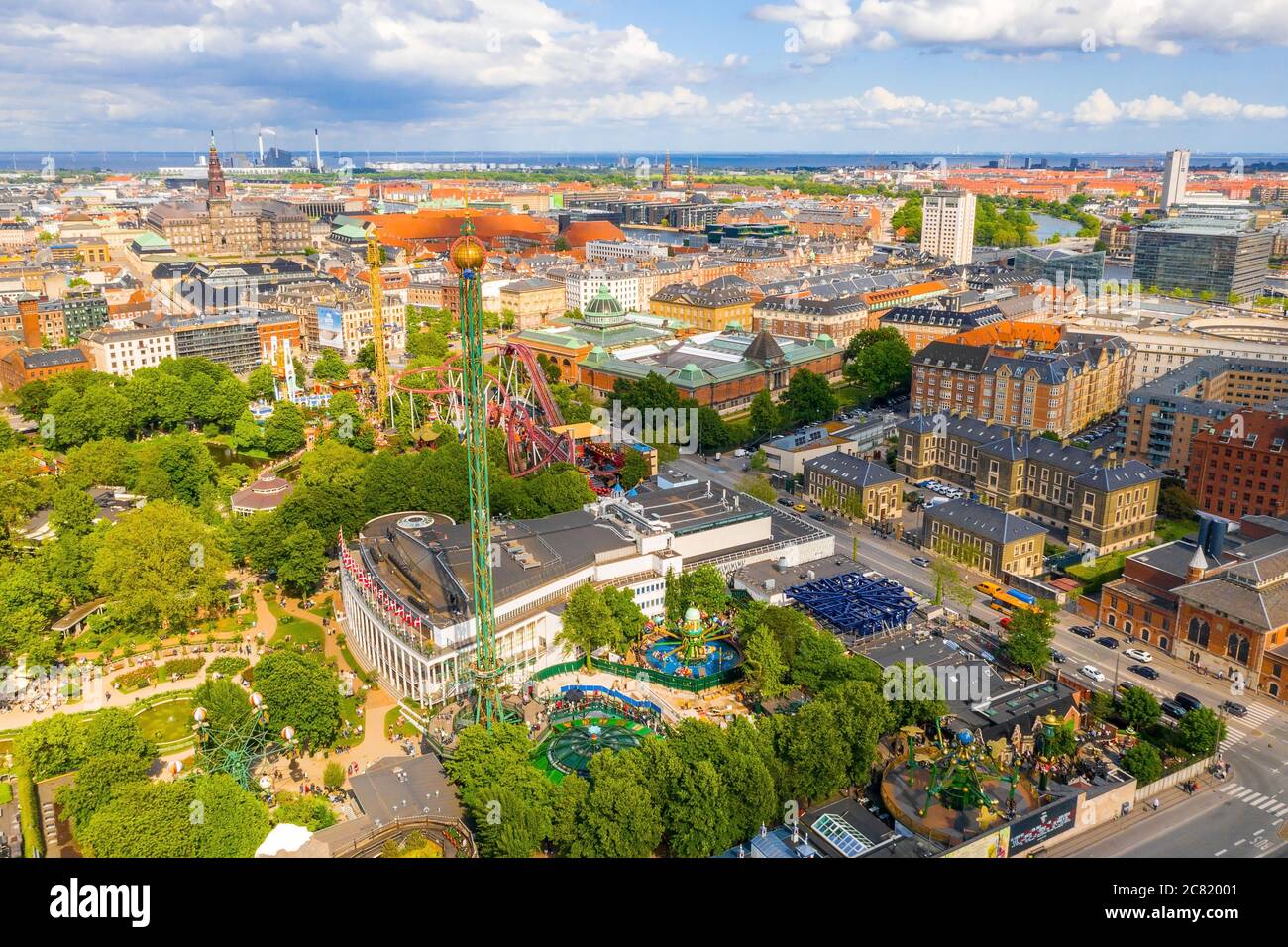 Aerial shot of the Tivoli Gardens amusement park in Copenhagen, Denmark ...