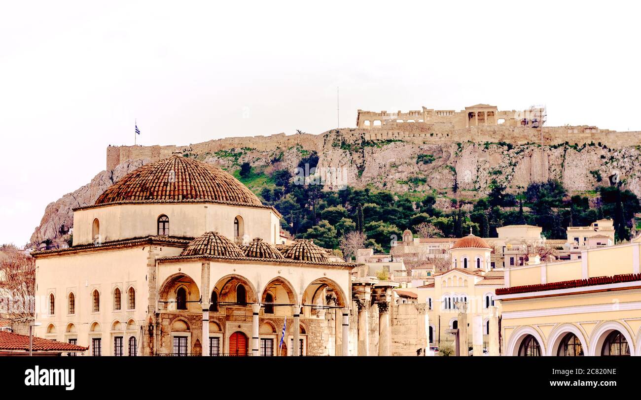 Monastiraki square, Tzistarakis Mosque and Acropolis in Athens Stock ...