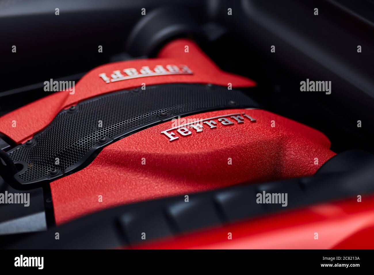 Katowice/Poland - 04.17.2020: V8 Ferrari F8 Tributo engine. V8, 3.9l ...