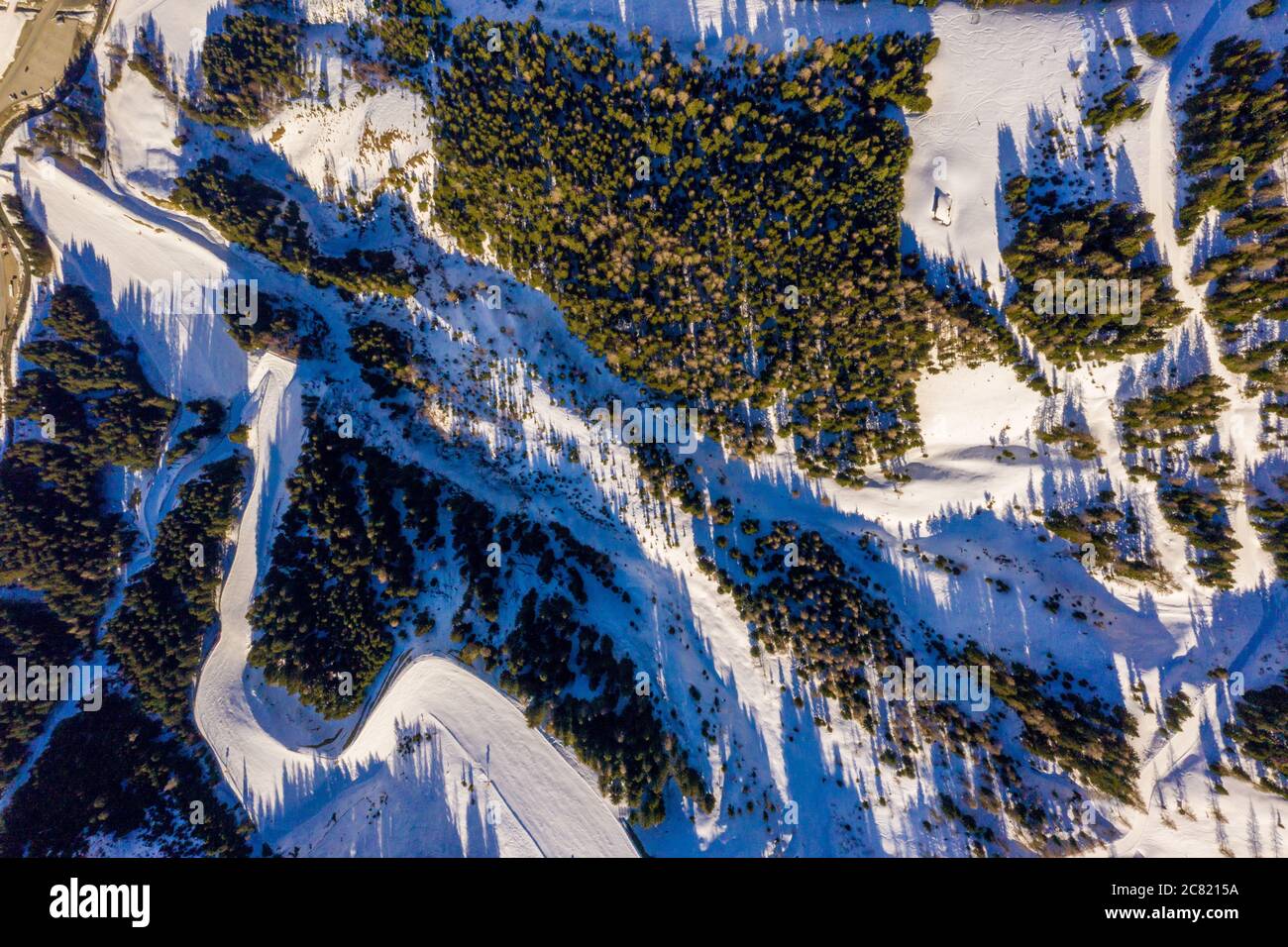 Aerial top view of a slope on the skiing resort Flumserberg in ...