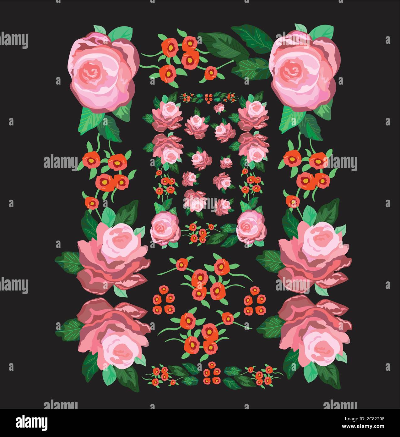 A beautiful illustration of floral composition consisted of pink rouses ...