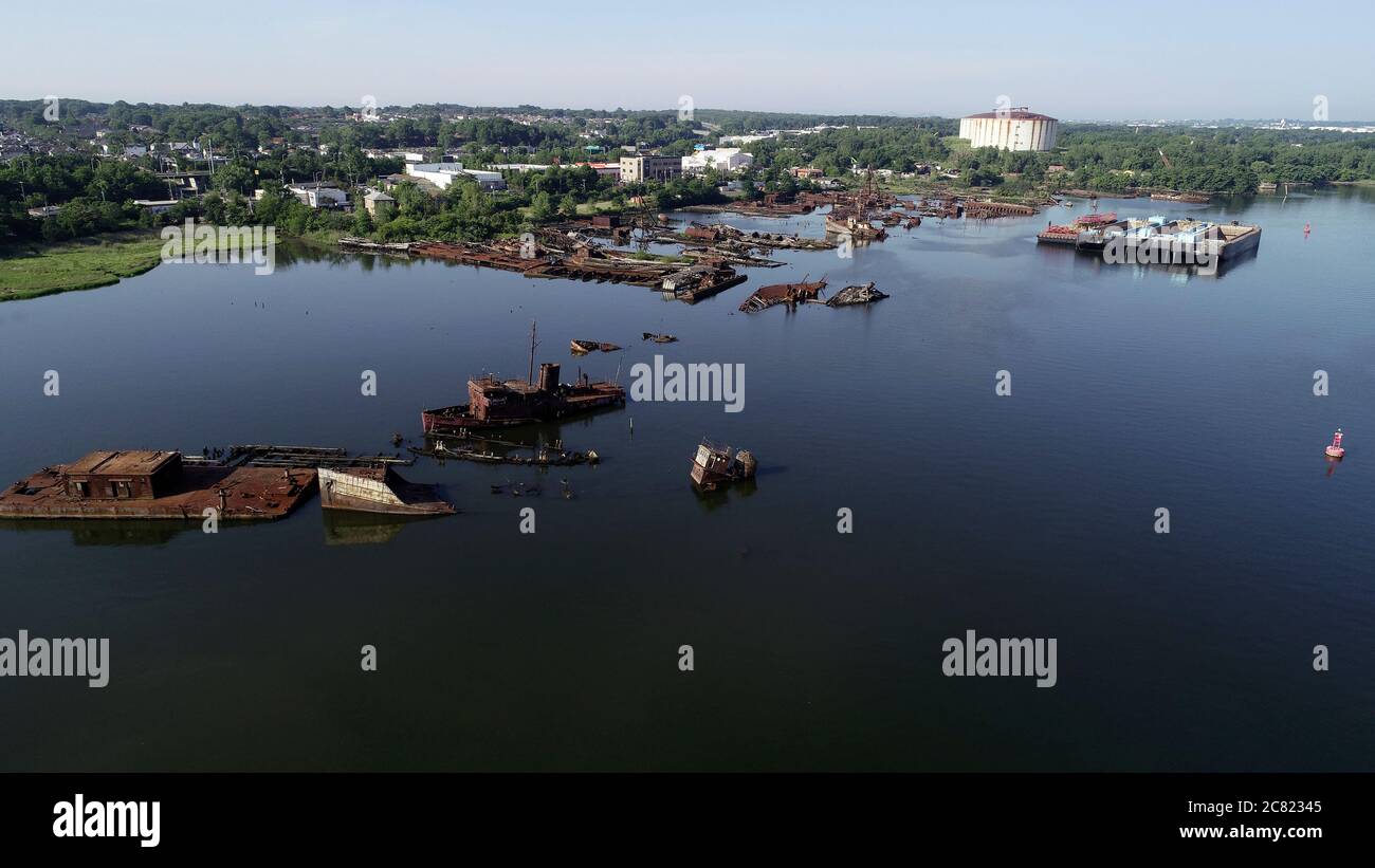 Ships decaying at the Arthur Kill Ship graveyard along the Arthur Kill ...