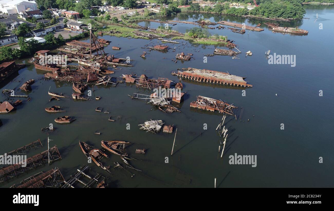 Ships decaying at the Arthur Kill Ship graveyard along the Arthur Kill ...