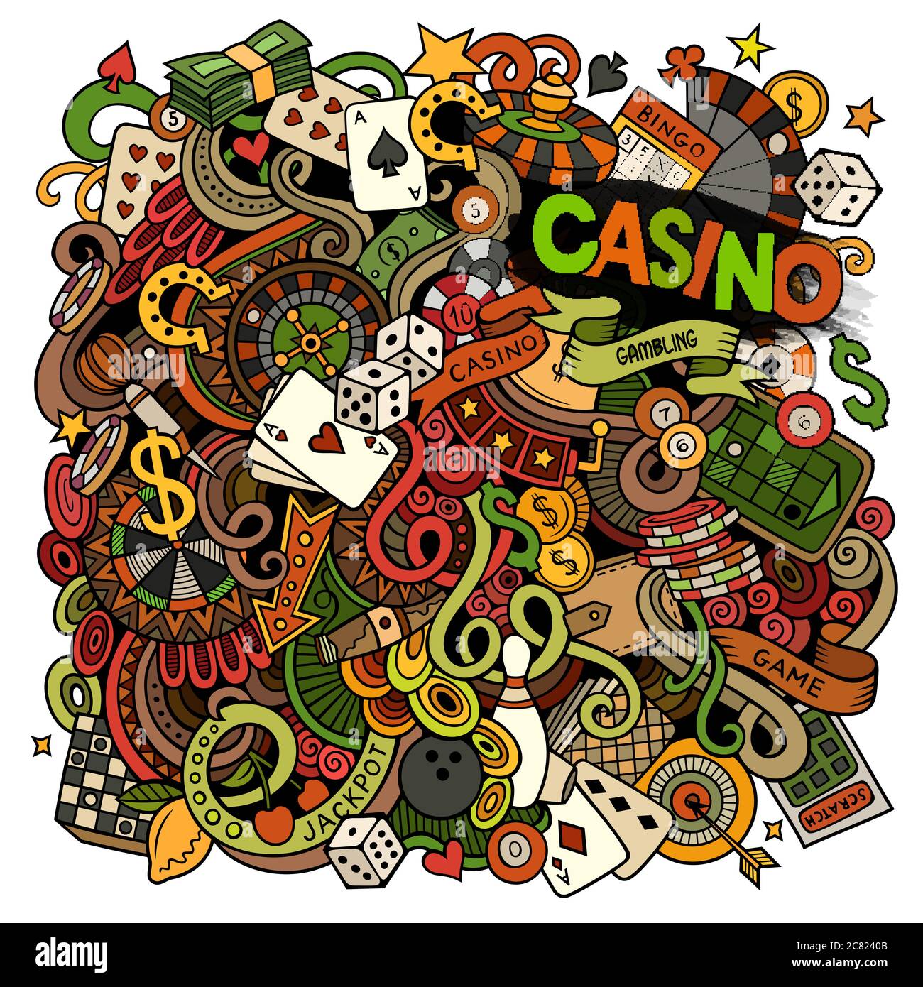 Cartoon hand-drawn doodles casino, gambling illustration Stock Vector ...