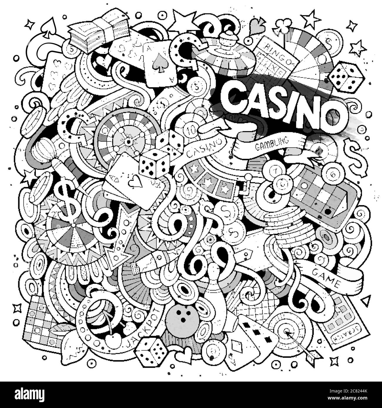 Cartoon hand-drawn doodles casino, gambling illustration Stock Vector ...