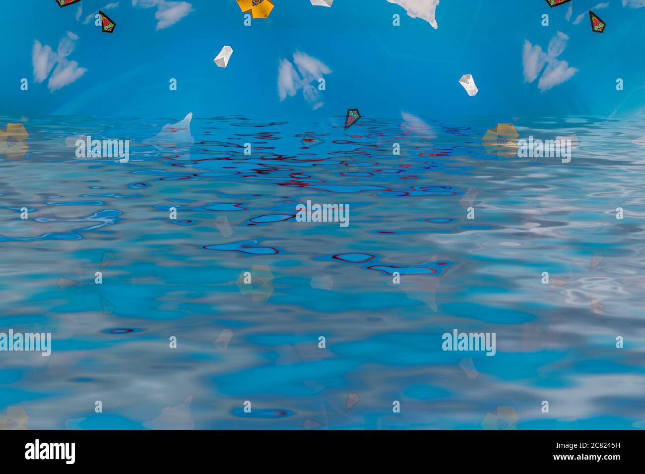 Flying objects from the ocean, abstract concept. Digitally created ...