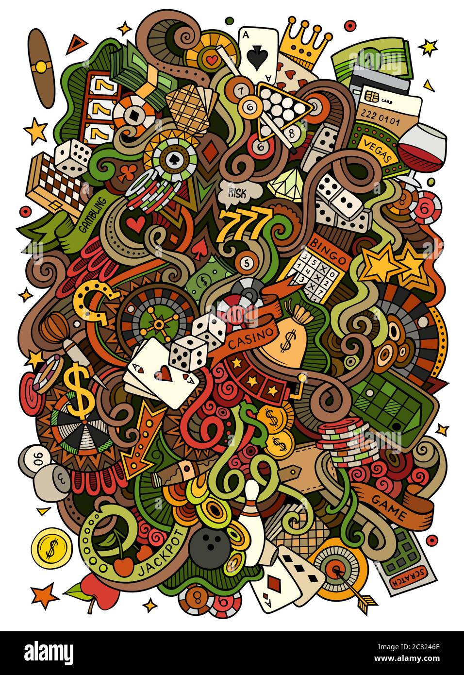 Cartoon hand-drawn doodles casino, gambling illustration Stock Vector ...