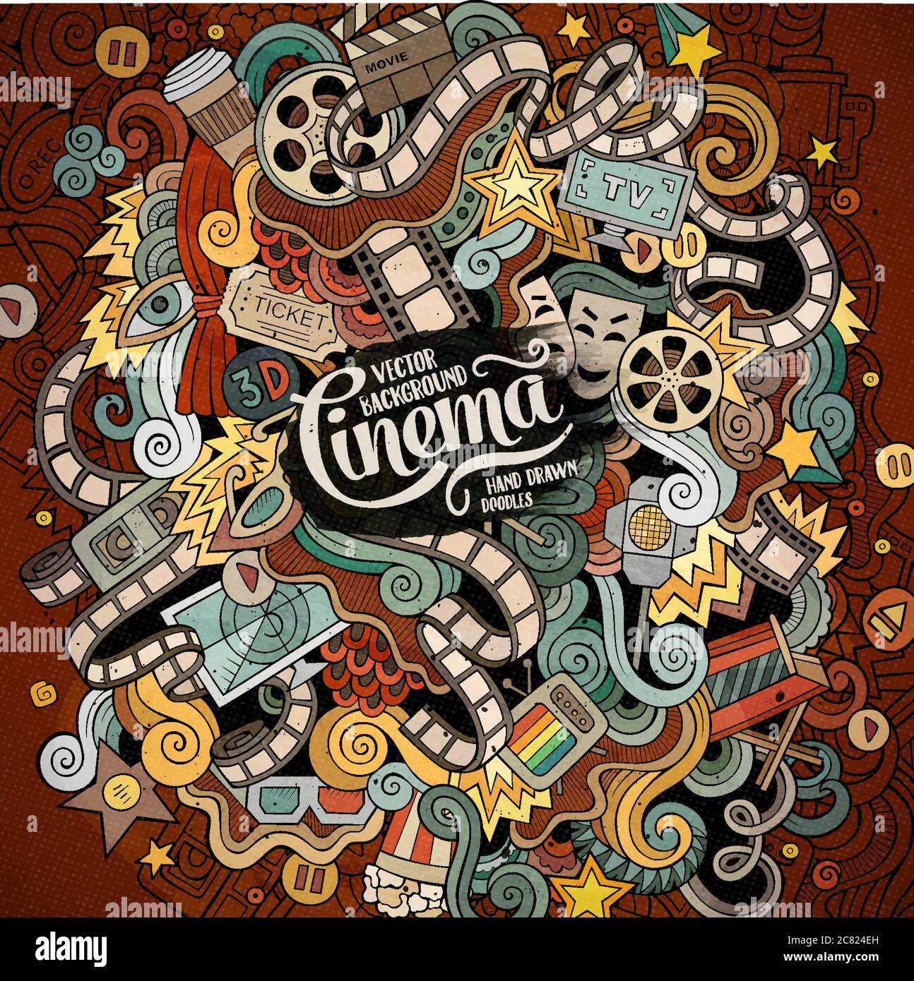 Cartoon cute doodles hand drawn Cinema illustration Stock Vector Image ...