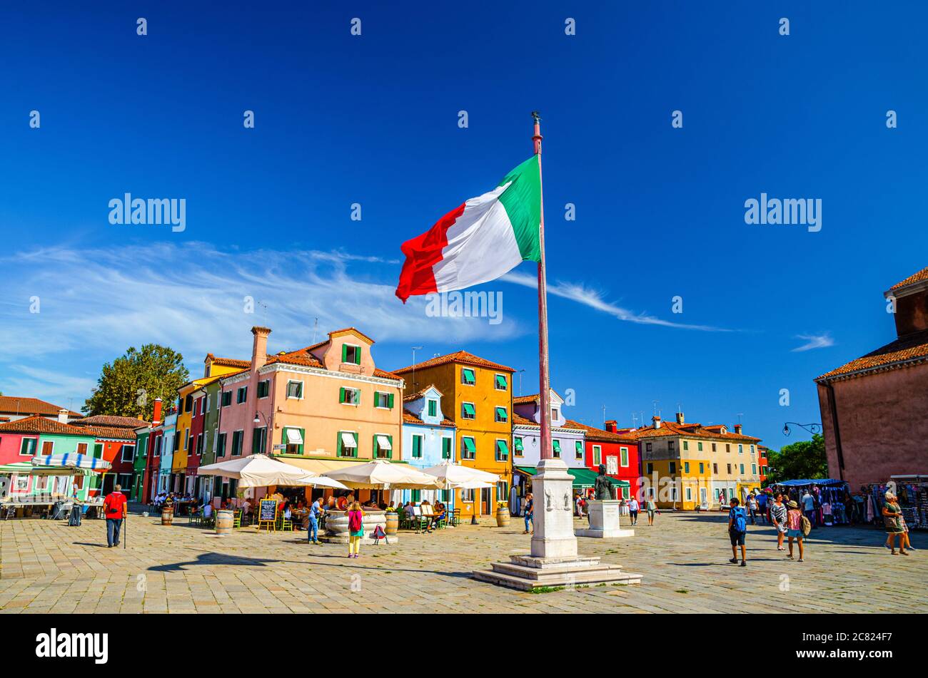 Burano, Italy, September 14, 2019: Burano island central town square ...
