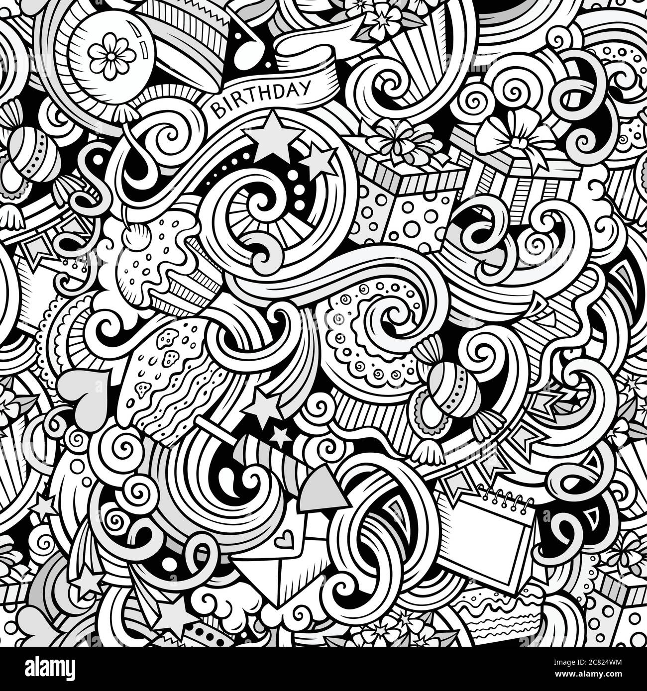Cartoon hand-drawn doodles birthday theme seamless pattern Stock Vector ...
