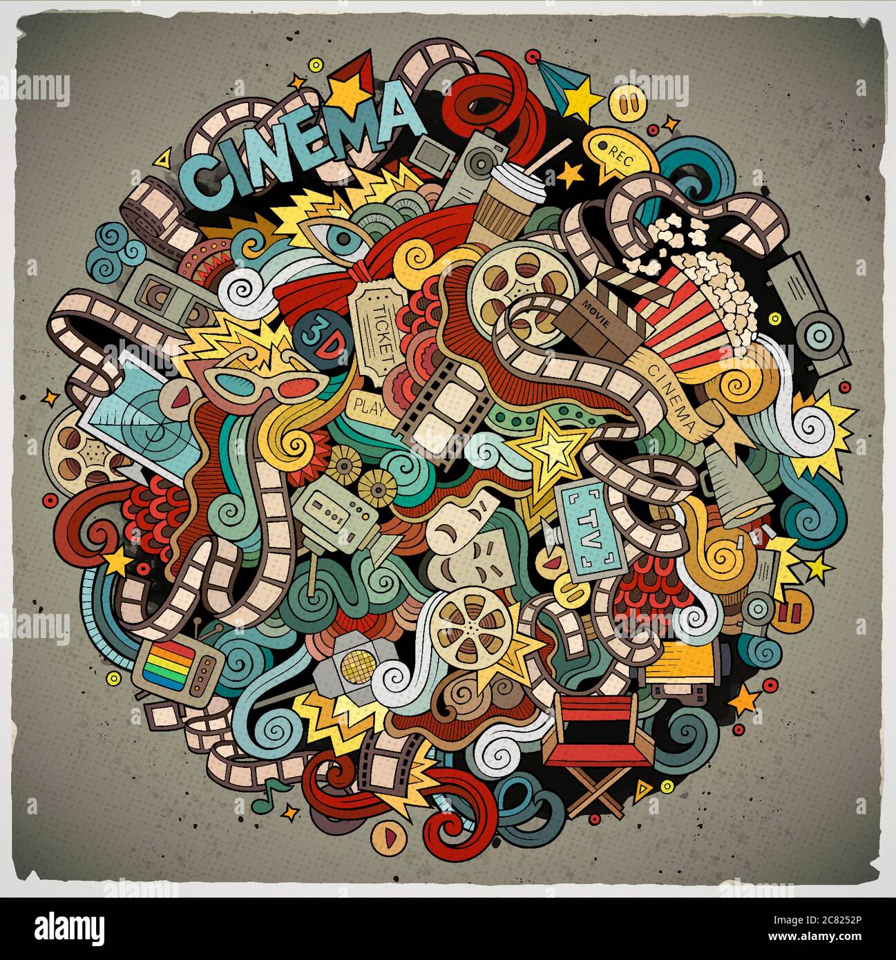 Cartoon cute doodles hand drawn Cinema illustration Stock Vector Image ...