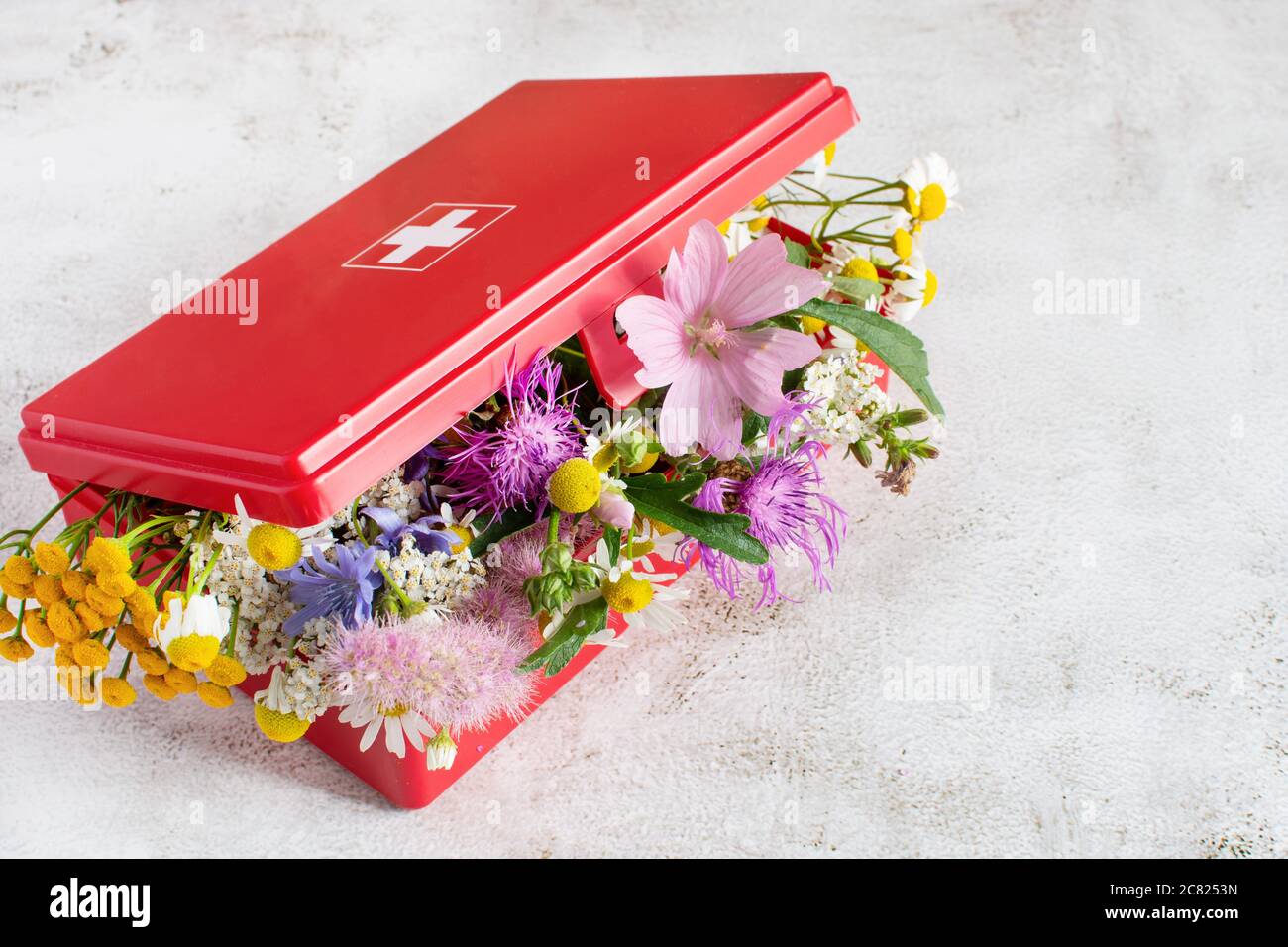 Fresh medical herbs in red first aid kit. Alternative medicine concept ...