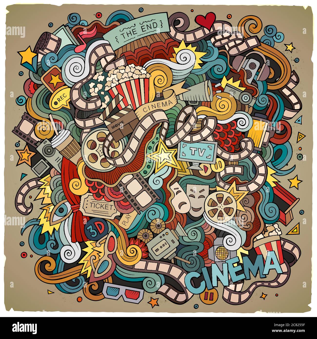 Cartoon cute doodles hand drawn Cinema illustration Stock Vector Image ...